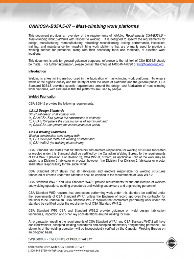 Welding Requirements Csa b3545 Masf Climbing Work Platforms | PDF | Welding | Construction