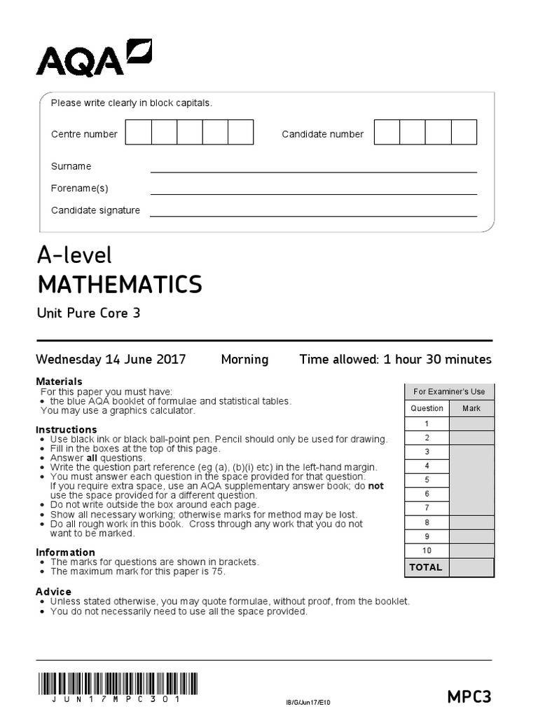 Aqa Mathematics Core 3 Question Paper Jun 2017 | PDF | Equations ...