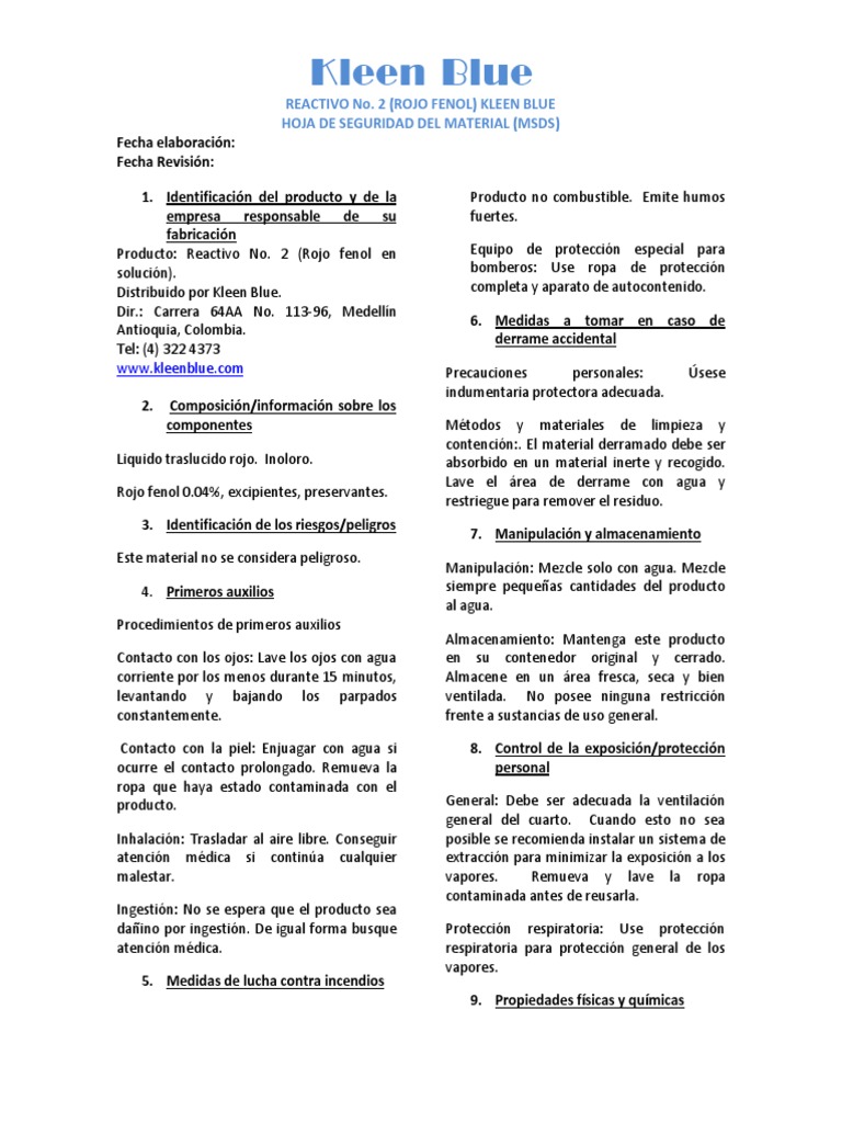 Ficha de Datos de Seguridad MSDS REACTIVO No. 2 ROJO FENOL SOLUCION ...