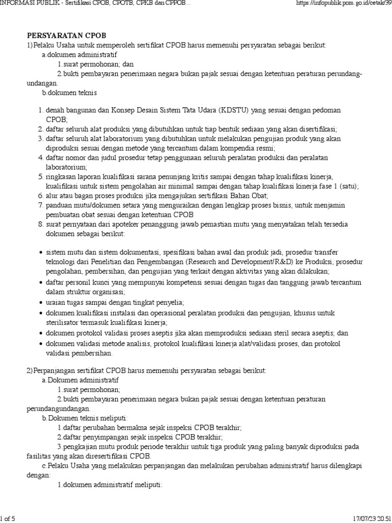 Sertifikasi CPOB, CPOTB, CPKB dan CPPOB - Persyaratan | PDF