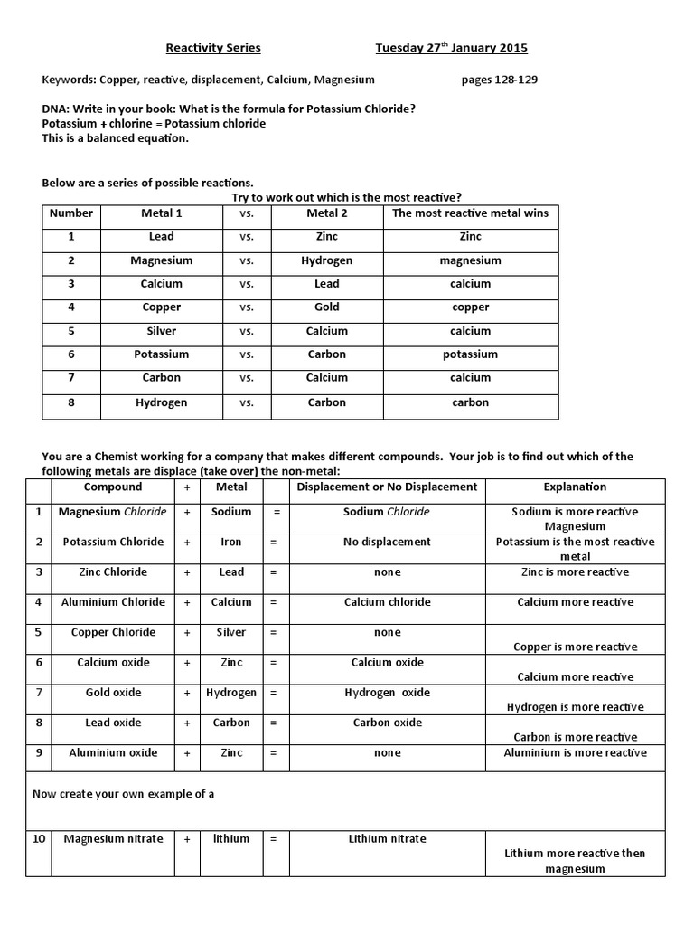 Displacement Worksheet Extra | PDF | Chlorine | Oxide