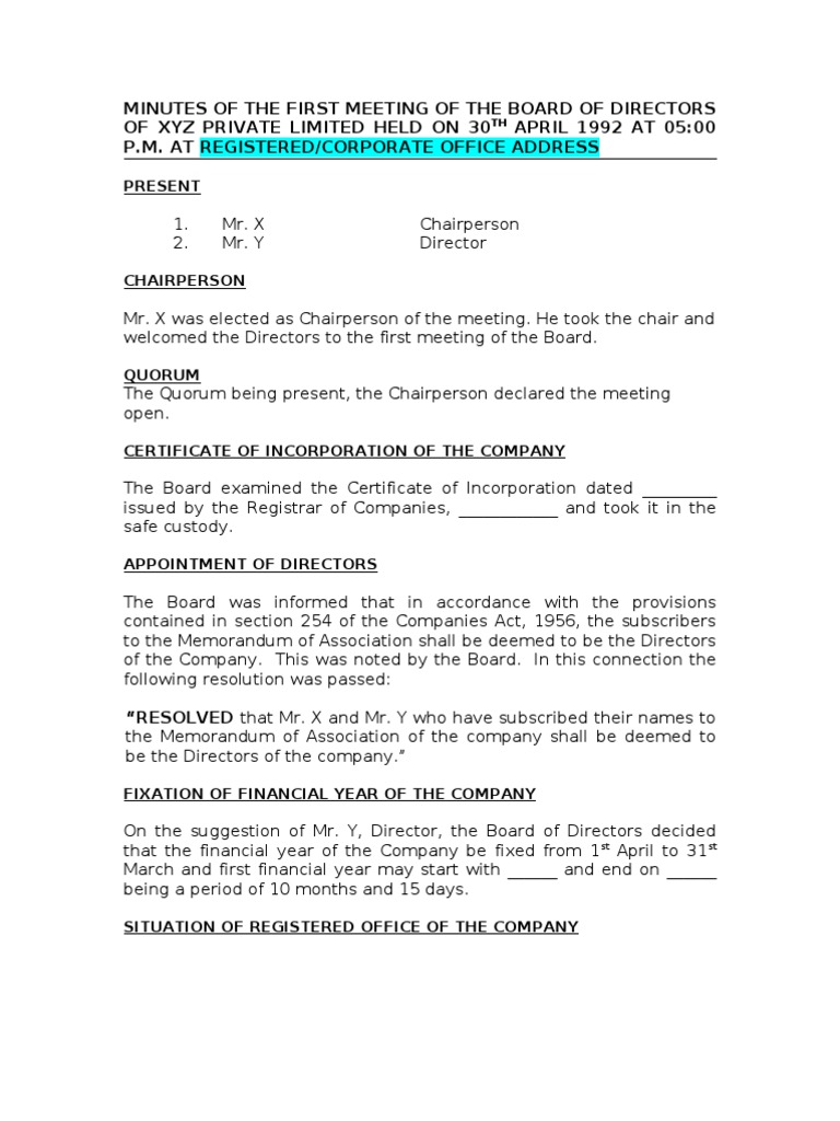 46 46 Sample First Board Meeting Minutes | PDF | Cheque | Banks