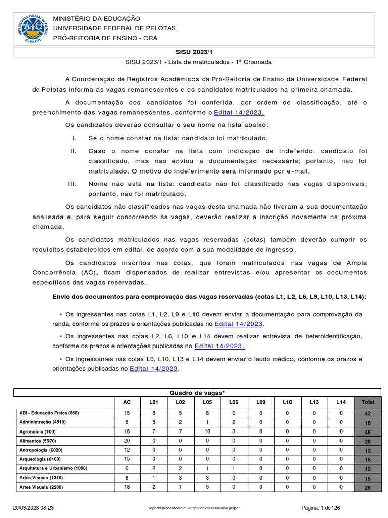Lista Matriculados - SISU 2023 - 1 1a Chamada | PDF | Engenharia