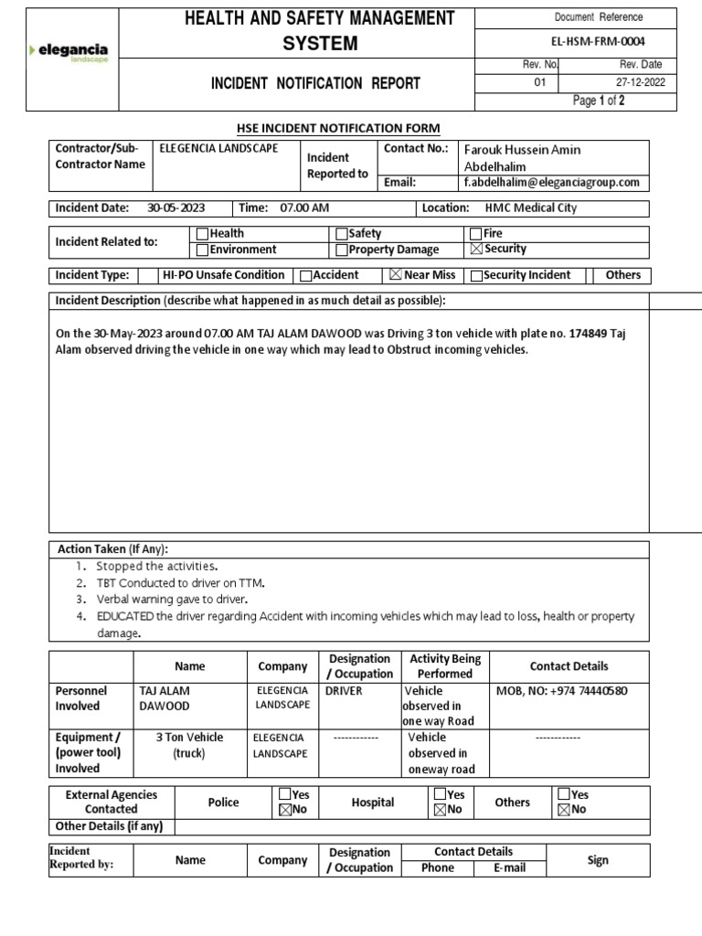 Incident Notification Report Template | PDF | Safety | Transport