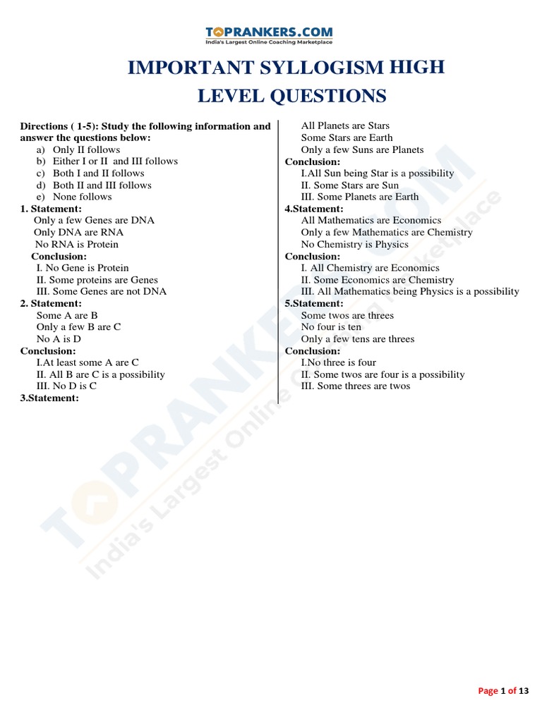 Expected Syllogism High Level Questions For Sbi Clerk Mains 1 | PDF ...