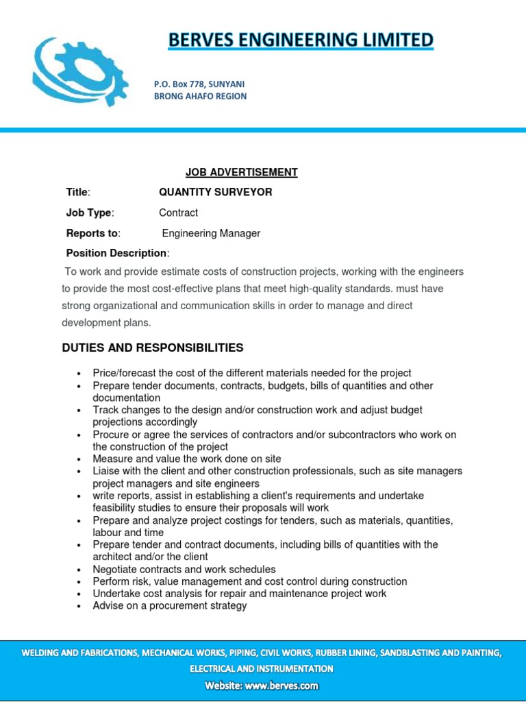 Job Advertisement Title: Quantity Surveyor Job Type: Reports To ...