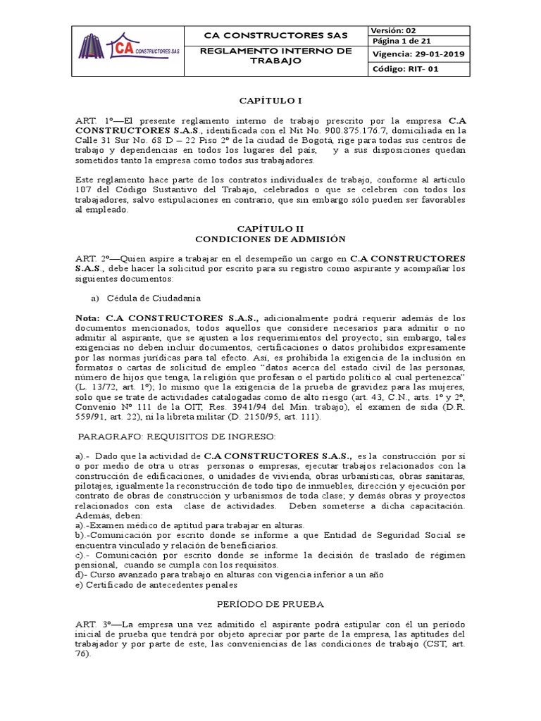 Rit-01 Reglamento Interno de Trabajo | PDF | Salario | Derecho laboral