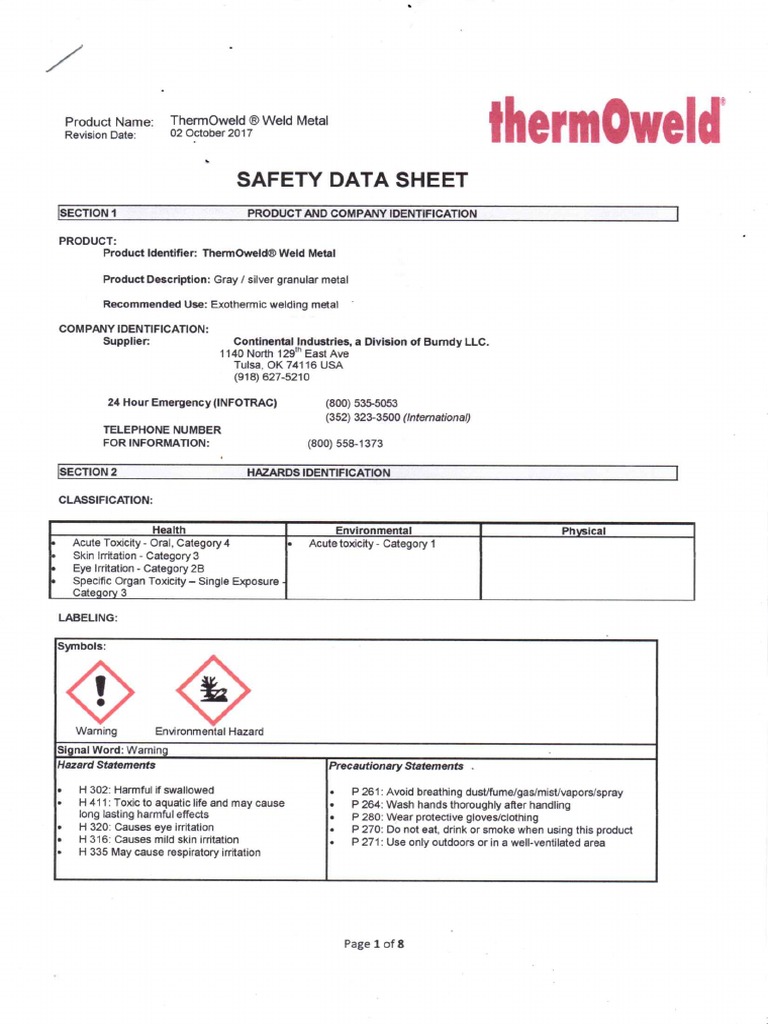 Datos de Seguridad Thermoweld - Polvora | PDF