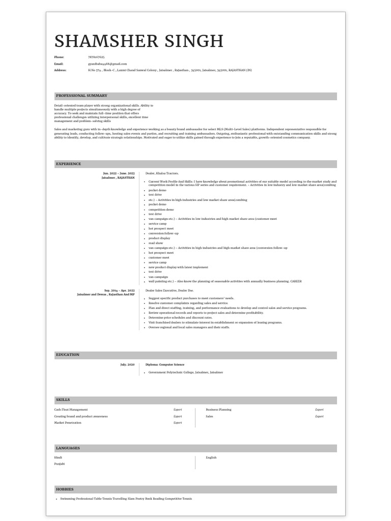 Shamsher Singh Resume Final | PDF | Sales | Business