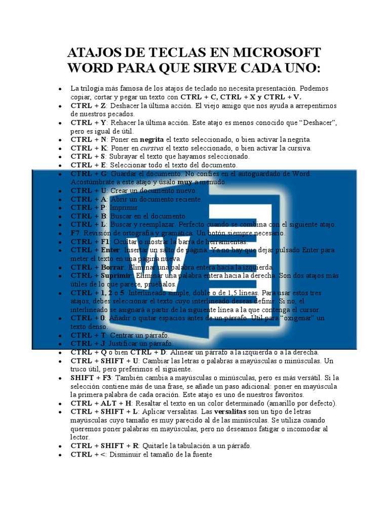 Atajos de Teclas en Microsoft Word para Que Sirve Cada Uno | PDF ...