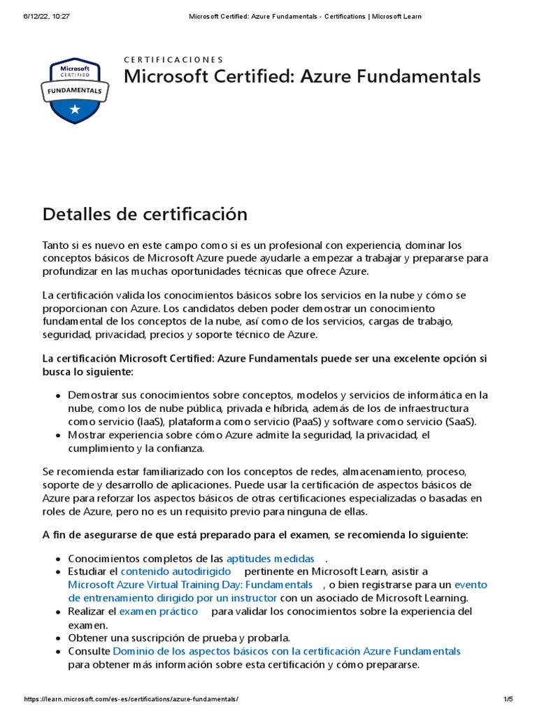 Microsoft Certified - Azure Fundamentals - Certifications - Microsoft Learn | PDF | Computación ...