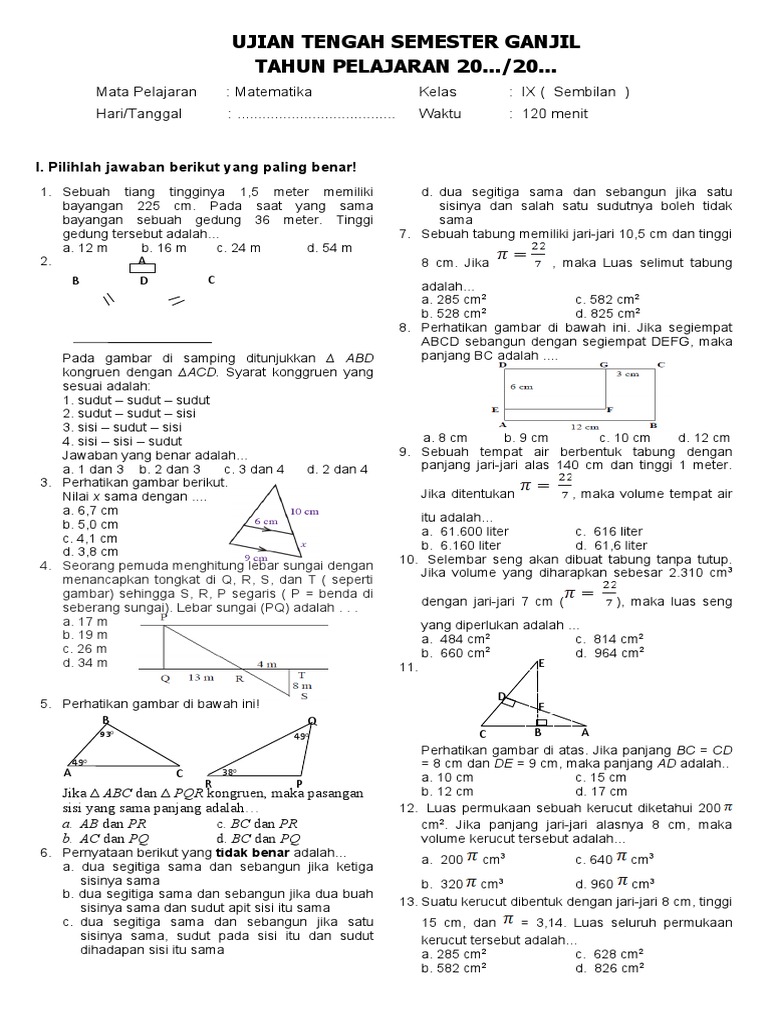 Soal PTS Matematika Kelas 9 Sem 1 - Kamimadrasah | PDF