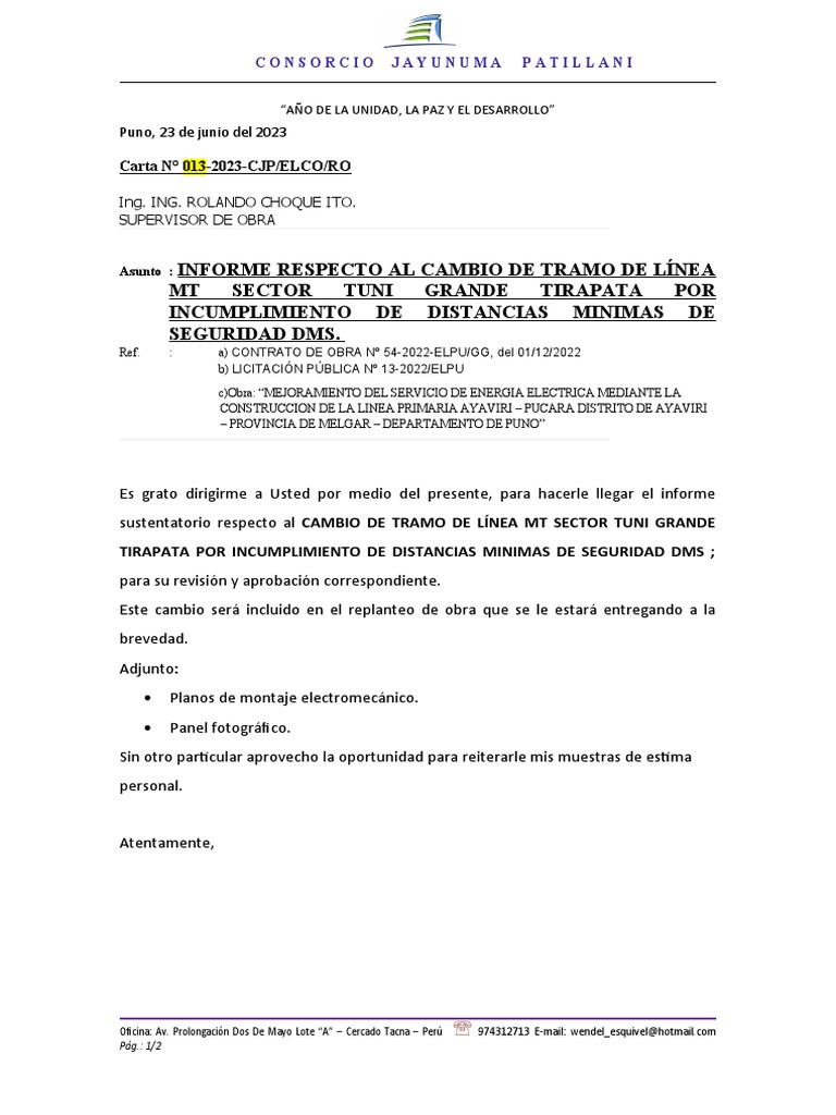 Carta #013 Carta Informe Cambio de Ruta | PDF
