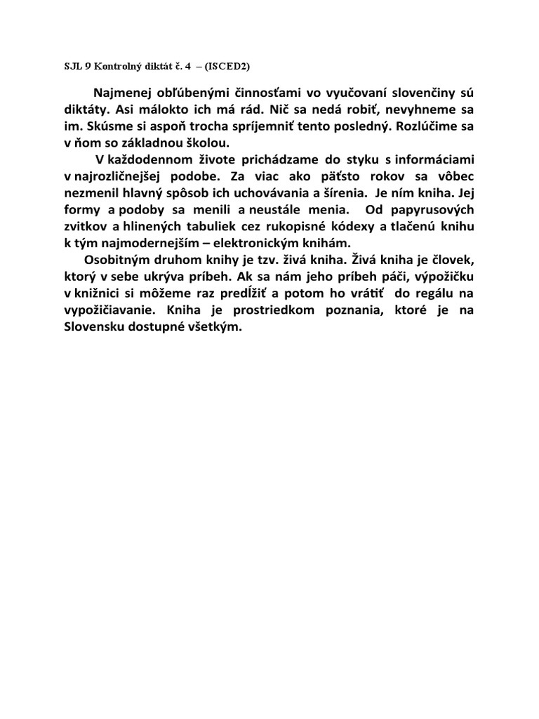 SJL 9 Kontrolný Diktát Č. 4 - (ISCED2) | PDF