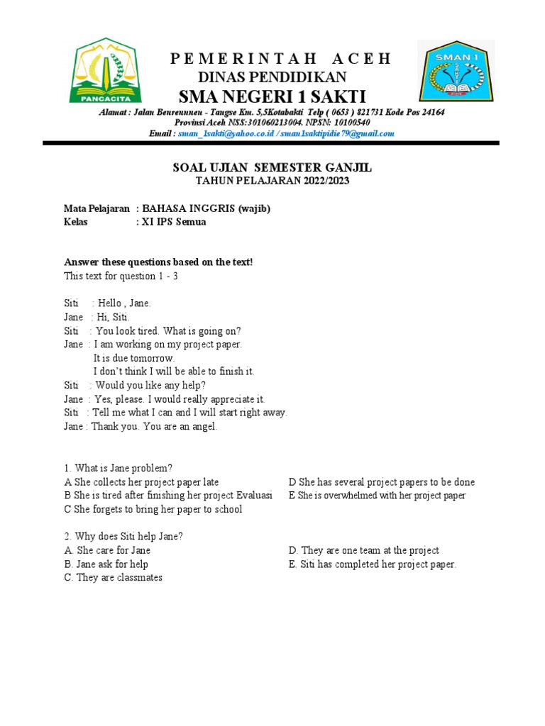 Soal Bhs Inggris Kelas 11 Wajib Ganjil 2022 - 2023 | PDF