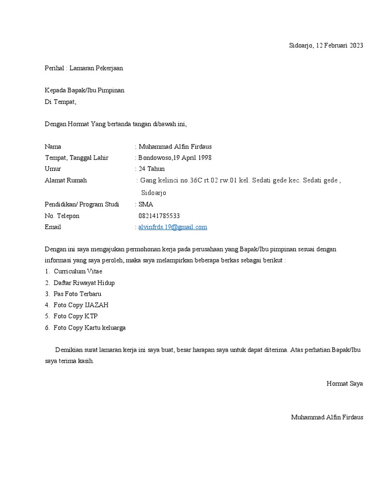 Lamaran Kerja Muhammad Alfin Firdaus | PDF