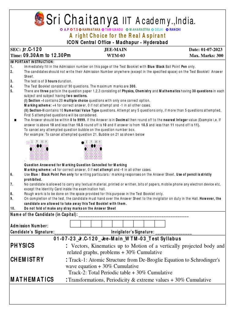01-07-23 - Jr.C-120 - Jee-Main - WTM-03 - Q.PAPER | PDF | Force | Ion 01-07-23 - Jr.C-120 - Jee-Main - WTM-03 - Q.PAPER | PDF | Force | Ion