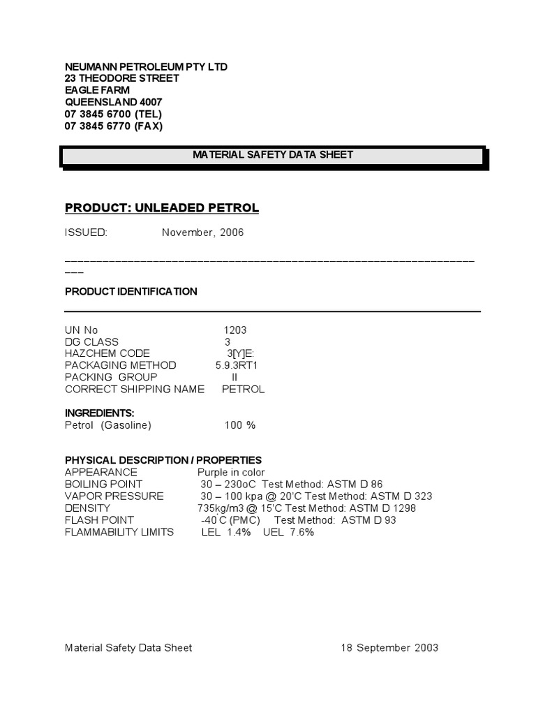 MSDS NP Unleaded Petrol | PDF | Gasoline | Benzene