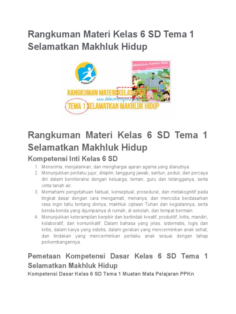 Rangkuman Materi Kelas 6 Sd Tema 1 Selamatkan Makhluk Hidup Pdf