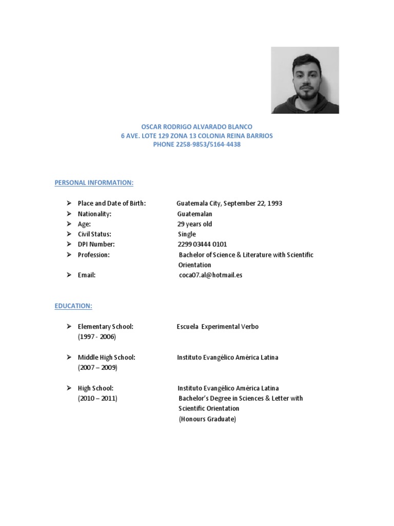 Oscar Rodrigo Alvarado Blanco English Resume | PDF