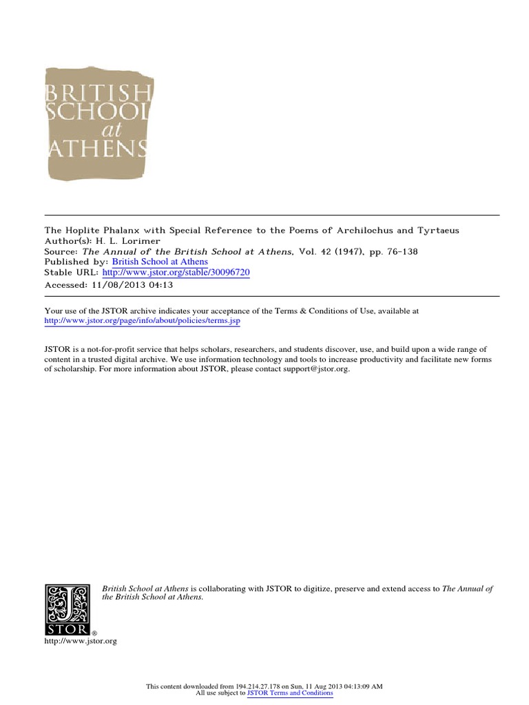 Lorimer-The Hoplite Phalanx With Special Reference To The Poems of Archilochus and Tyrtaeus ...