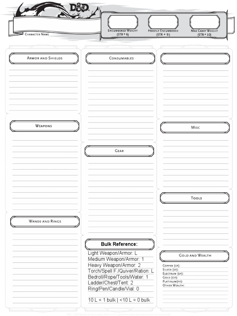 D&D 5e Inventory Sheet With Bulk Reference | PDF