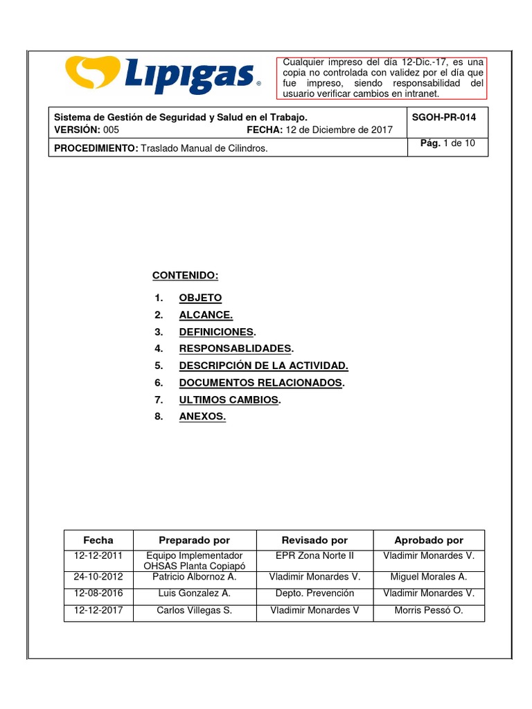 SGOH PR 014 Traslado Manual de Cilindros v5 | PDF | Camión | Kilogramo