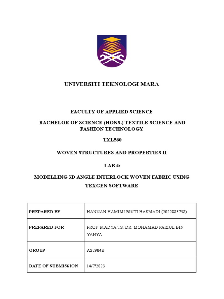 Lab 4_3d Angle Interlock_hannan Hamimi | PDF | Textiles | Weaving