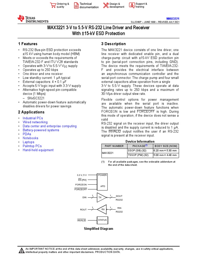 "MAX3221 3-V To 5.5-V RS-232 Line Driver and Receiver" Datasheet (Revision P) | PDF ...