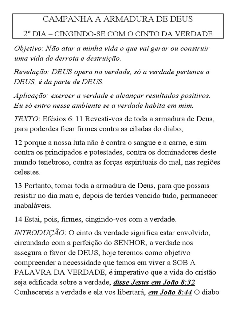 CAMPANHA A ARMADURA DE DEUS - 2º Dia Cingido Com o Cinto Da Verdade ...