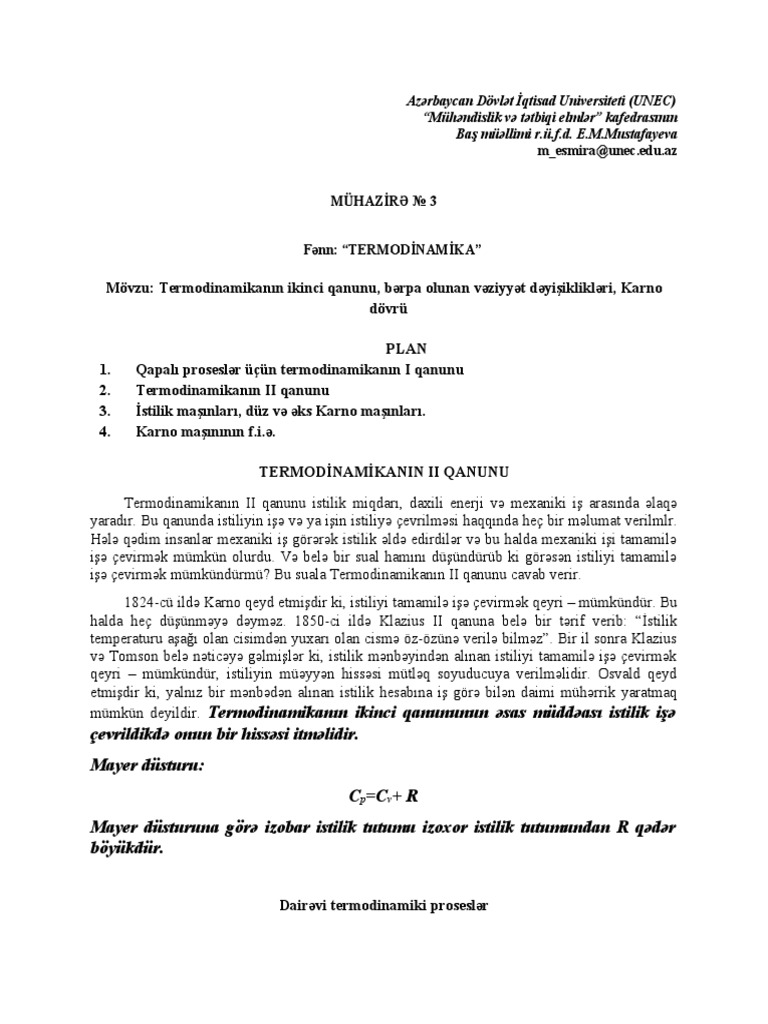 M - Esmira@unec - Edu.az Mühazirə 3 FƏNN: "Termodinamika" | PDF