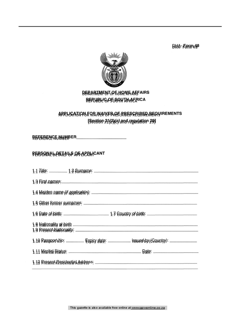 DHA-Form 48: Section 31 (2) (C) and Regulation (29) | PDF | Justice ...