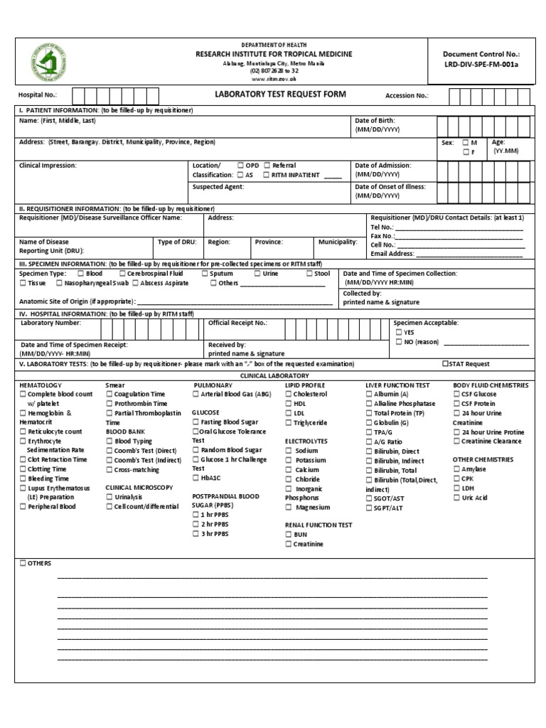 LRD DIV SPE FM 001a RITM Lab Test Request Form - Clinical Lab 1 | PDF ...