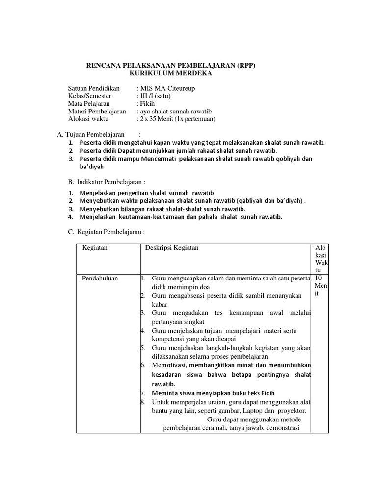 RPP Fikih Shalat Sunnah Rawatib | PDF