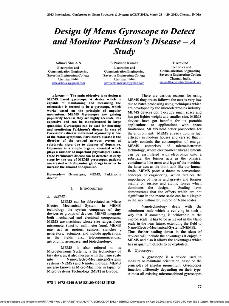 Design of Mems Gyroscope To Detect and Monitor Parkinsons Disease - A Study | PDF | Gyroscope ...
