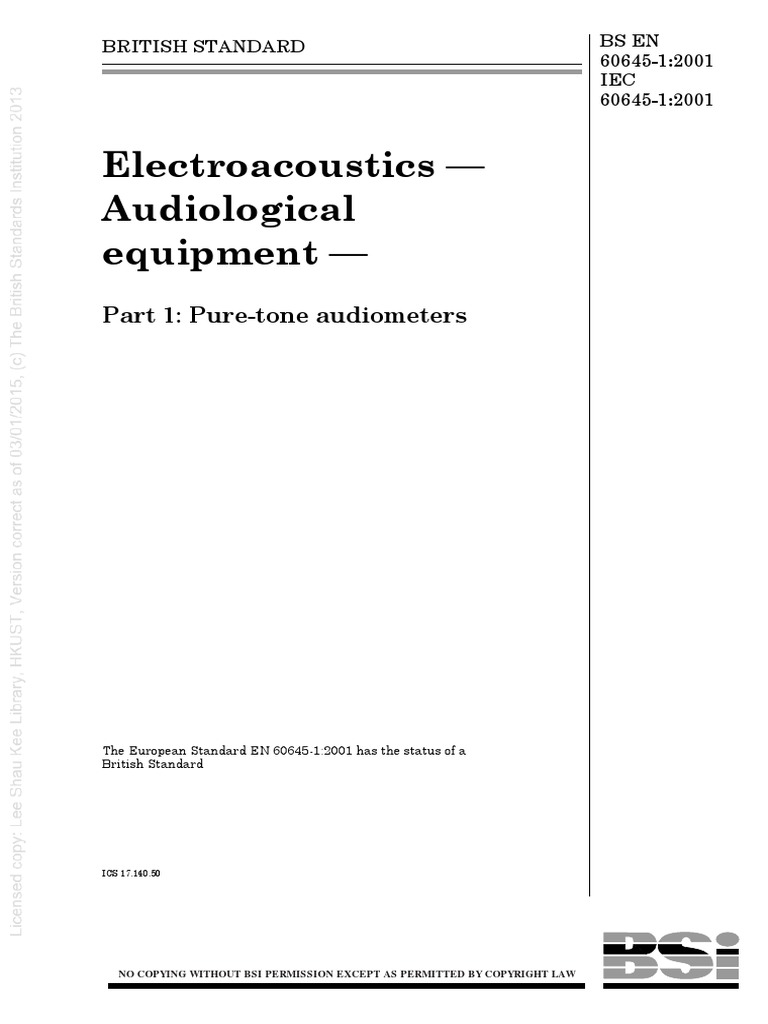 (BS EN 60645-1-2001) - Audiometers. Pure-Tone Audiometers | PDF | Headphones | Acoustics