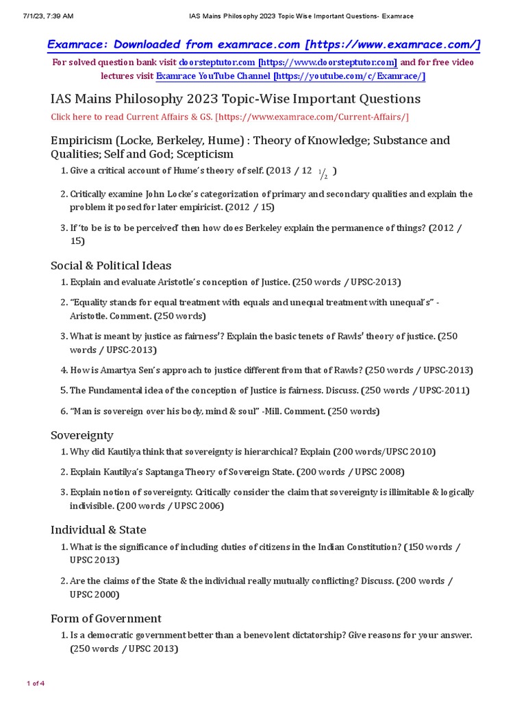IAS Mains Philosophy Important Questions Topicwise | PDF | Social ...