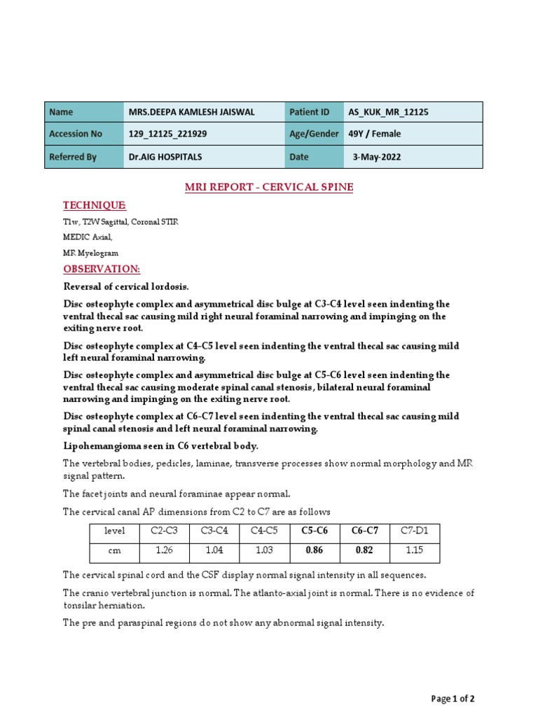 Mri Report - Cervical Spine: Name Patient ID Accession No Age/Gender ...