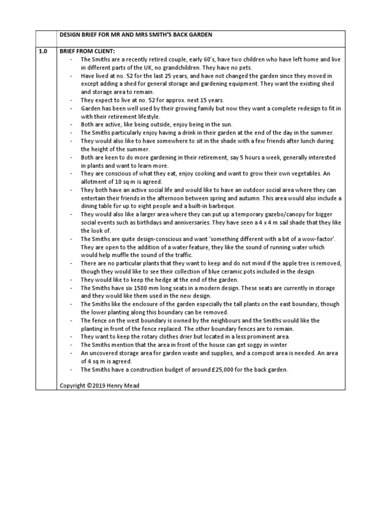 Design Brief For MR and Mrs Smiths Back Garden | PDF | Gardens ...