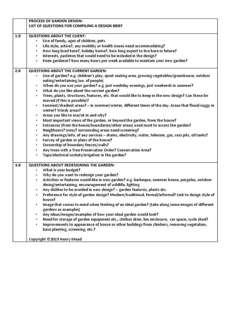 Garden Design Brief Questionnaire | PDF | Gardens | Agriculture