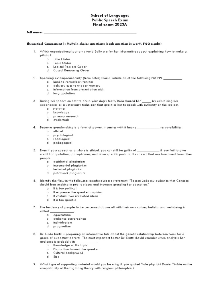 Public Speaking Final Exam 2023A | PDF | Public Speaking | Knowledge
