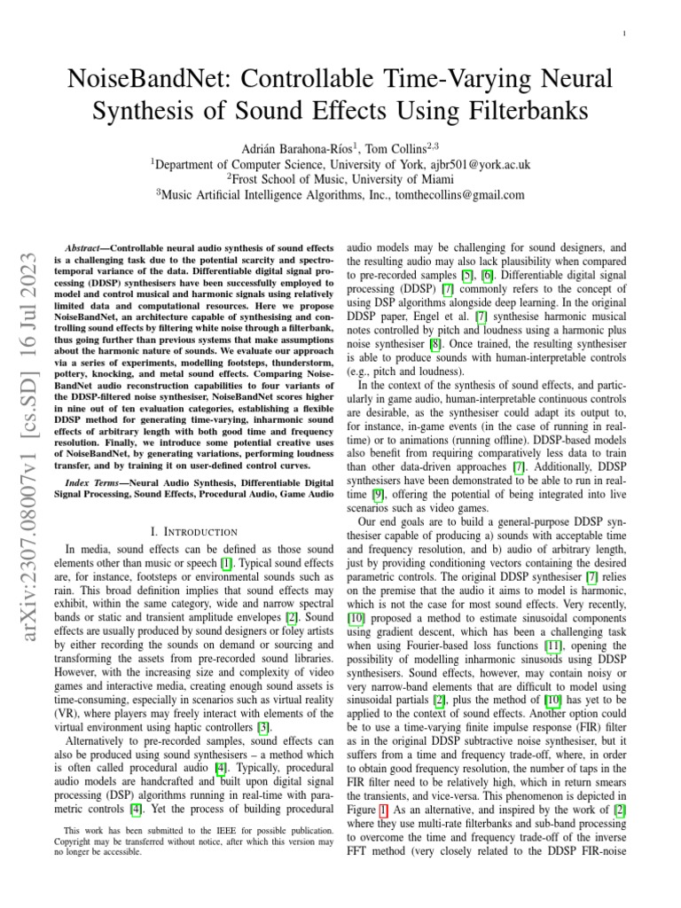 Noisebandnet Controllable Time Varying Neural Synthesis Of Sound Effects Using Filterbanks