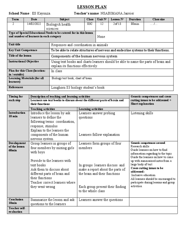 Human Nervous System Lesson Plan | PDF | Learning | Lesson Plan