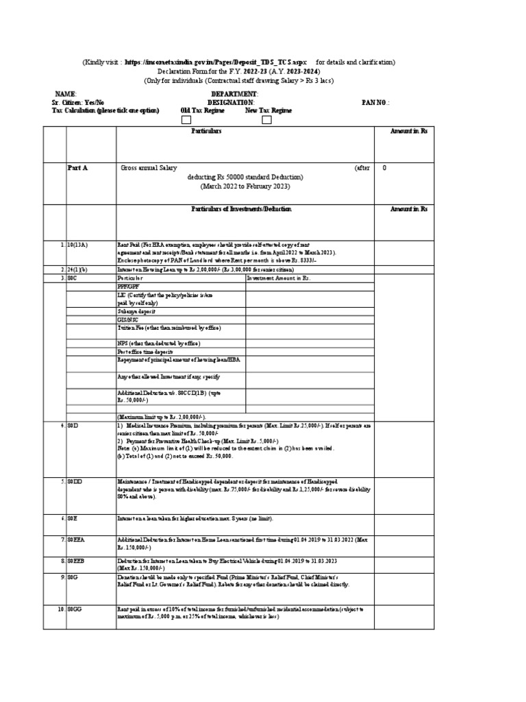 Income Tax Declaration Form FY 22 23 AY 23 24 | Download Free PDF ...