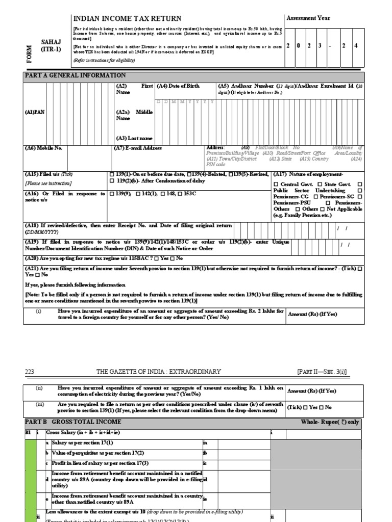 Itr 1 Sahaj Form Ay 2023 24 | PDF | Government | Taxes