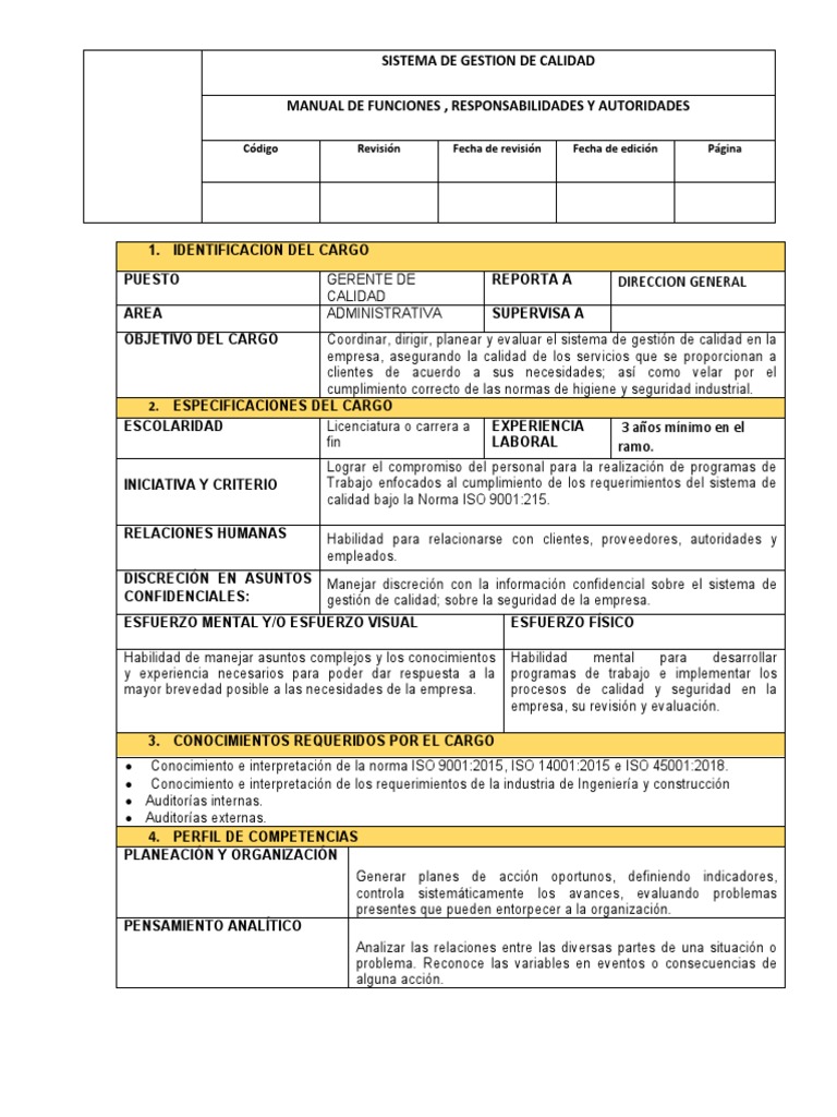 PERFIL DE PUESTO GERENTE DE CALIDAD | PDF | Calidad (comercial ...