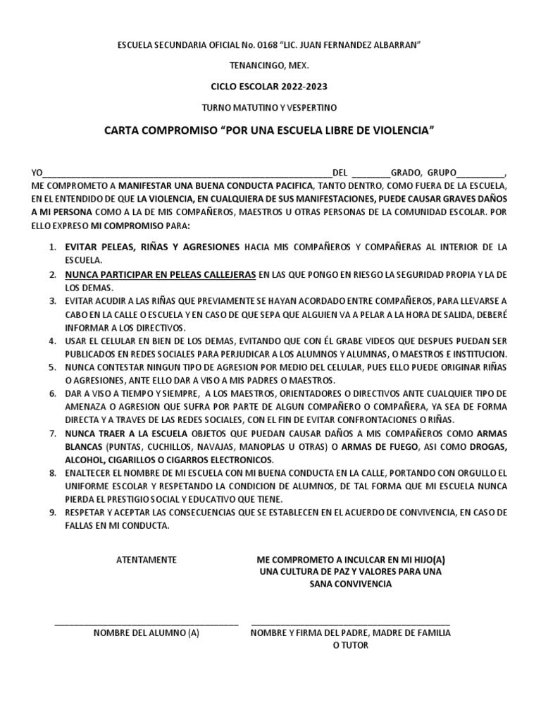 Carta Compromiso No Violencia 2022-2023 | PDF | Violencia