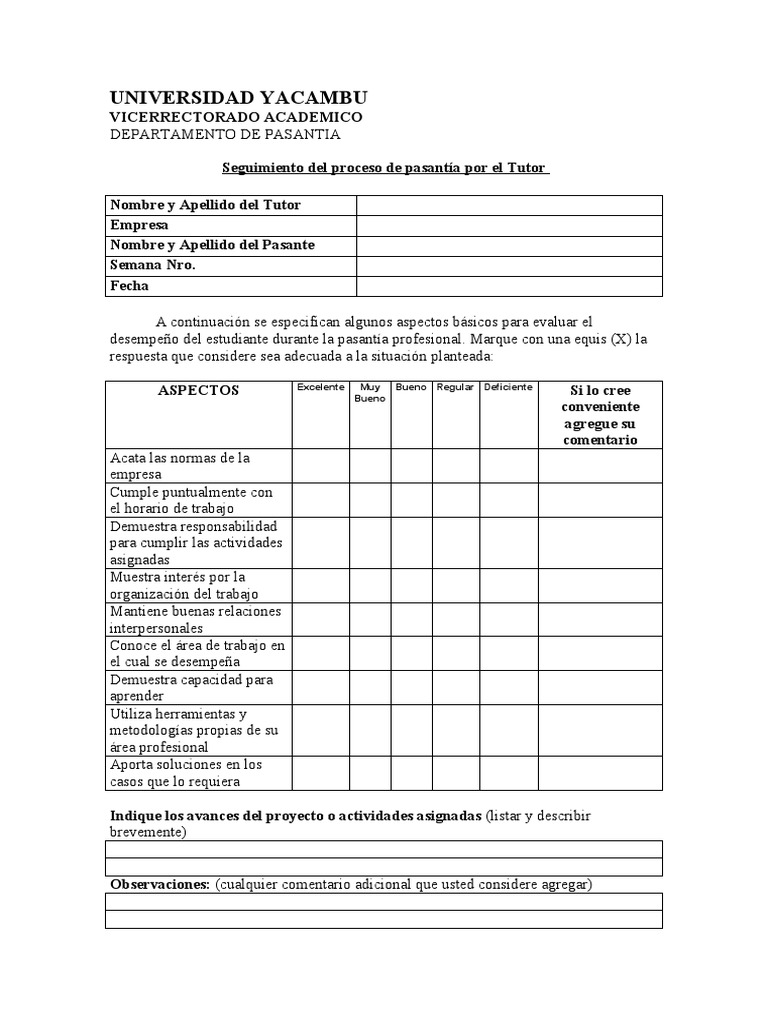 Formato Evaluacion Seguimiento Semanal Por El Tutor | PDF