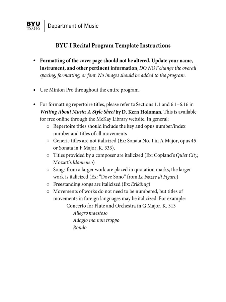 Student Recital Program Template Instructions | PDF