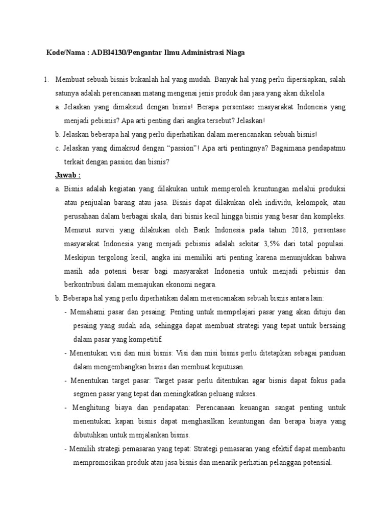 Pengantar Ilmu Administrasi Niaga - ADBI4130 - TMK 1 | PDF | Bisnis | Pengelolaan Keuangan & Uang